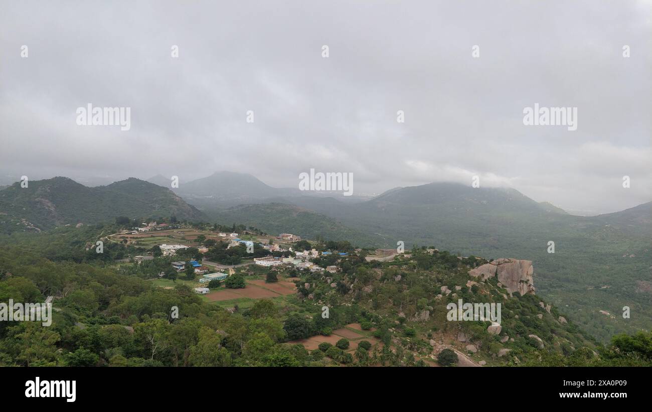 An aerial view of a residential area on the hilltop. Devarayana Durga ...
