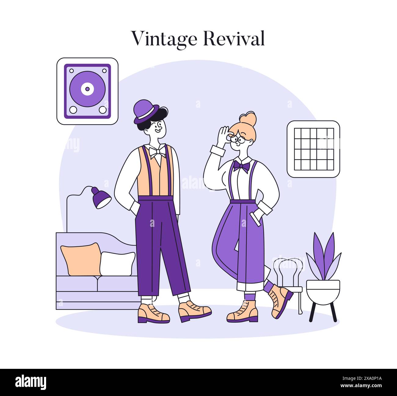 Vintage Revival concept. Two stylish characters in retro attire evoke ...
