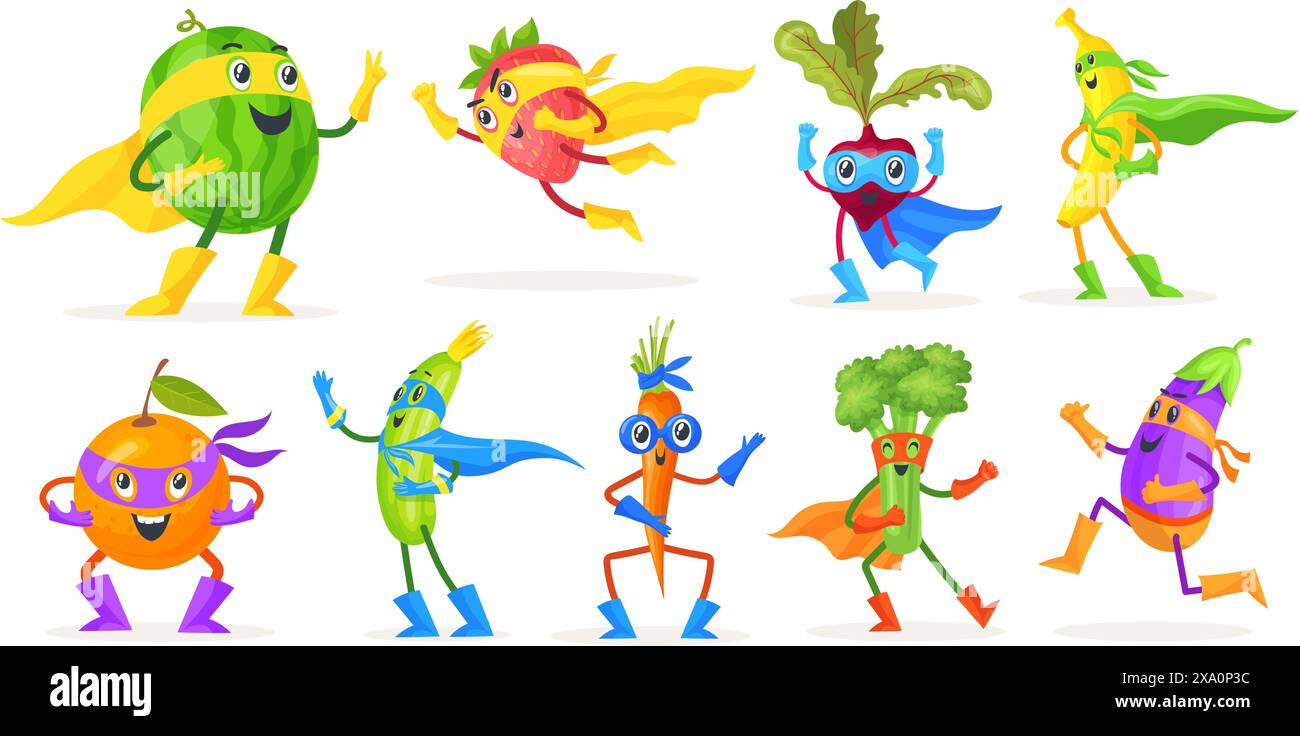 Superhero fruits and vegetables. Super fruit or vegetable hero cartoon ...