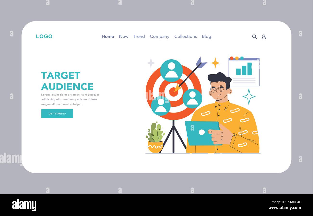 Target Audience web or landing. Man with tablet beside a dartboard ...