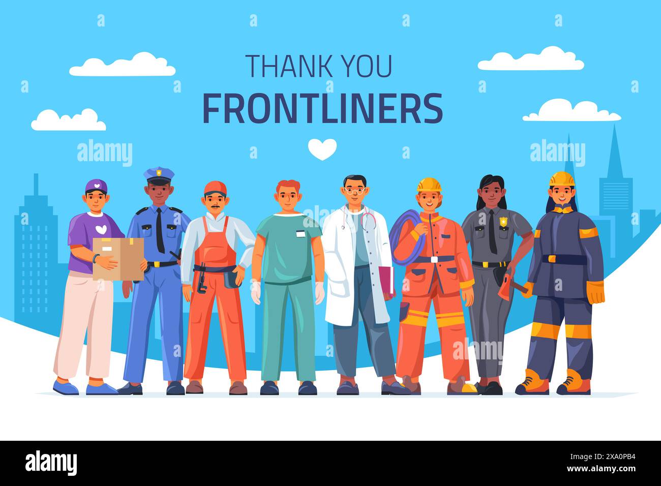Essential workers. Frontline professional worker teamwork, hero work ...