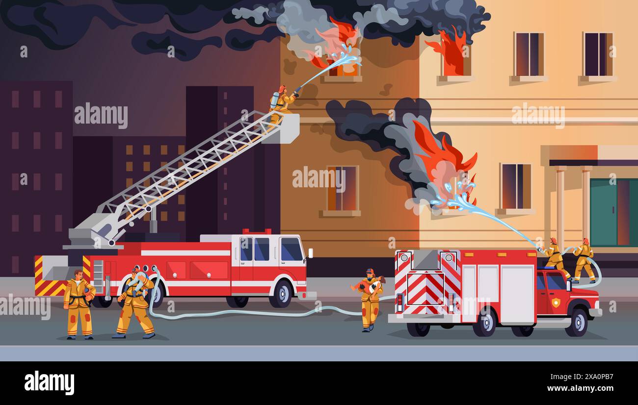 Firefighters extinguish burning building. Fireman put out flame in ...