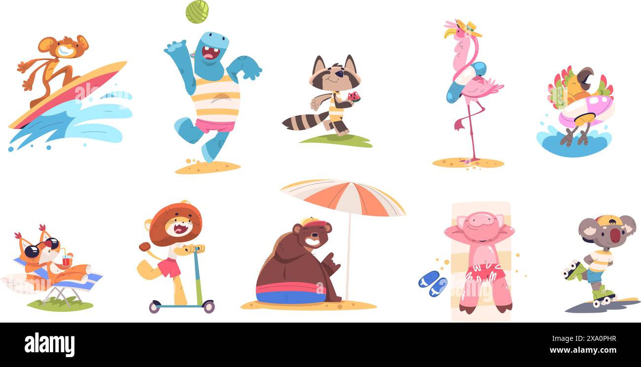 Cartoon animals summer resting. Funny cute animal in travelling beach ...