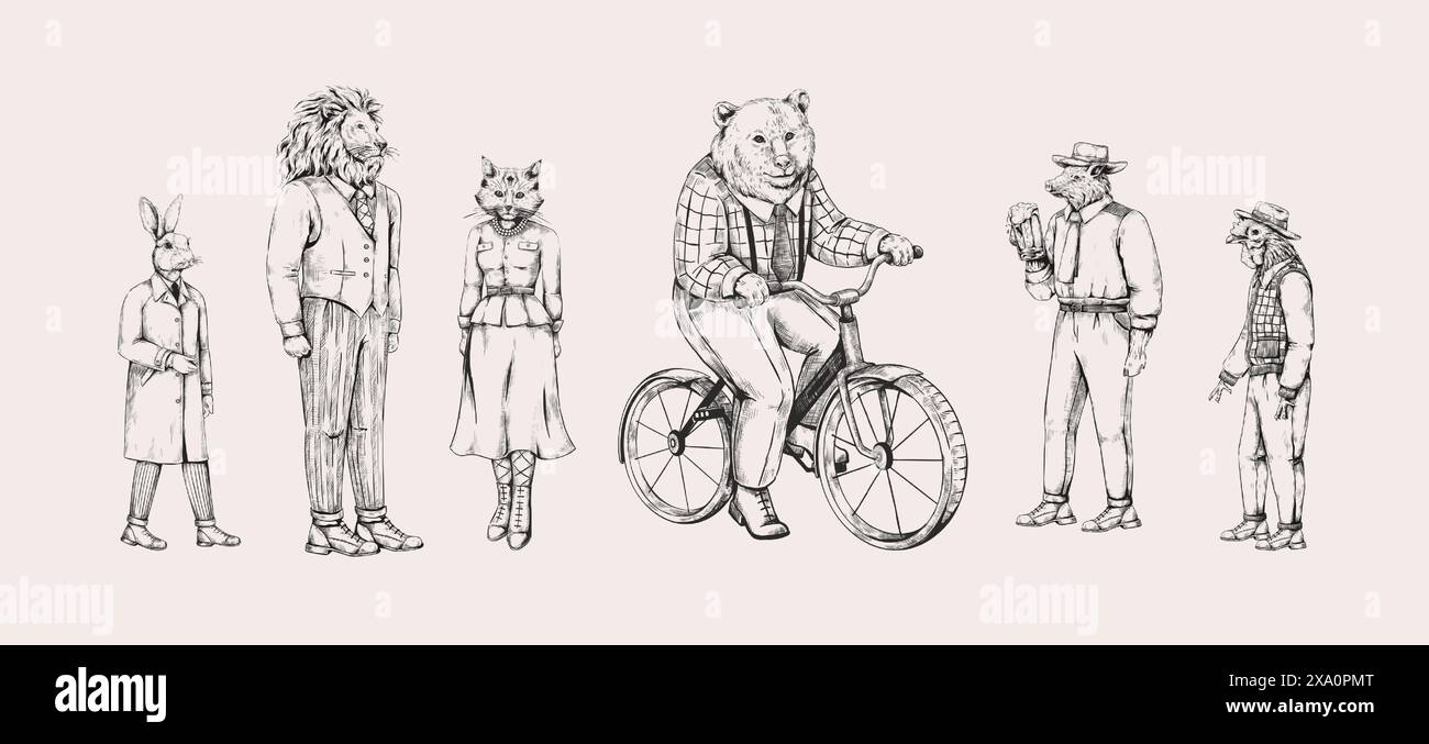 Vintage animals. Anthropomorphic mammals. Sketch art. Rabbit character ...