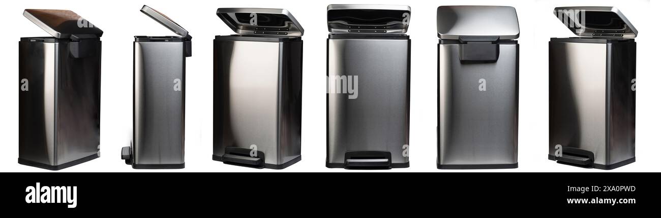 Different view of metal open trash bin isolated front side rear view ...