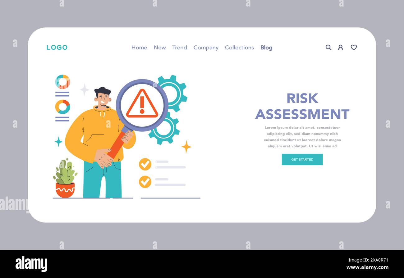 Risk Assessment concept. Confident man with magnifying glass focuses on ...