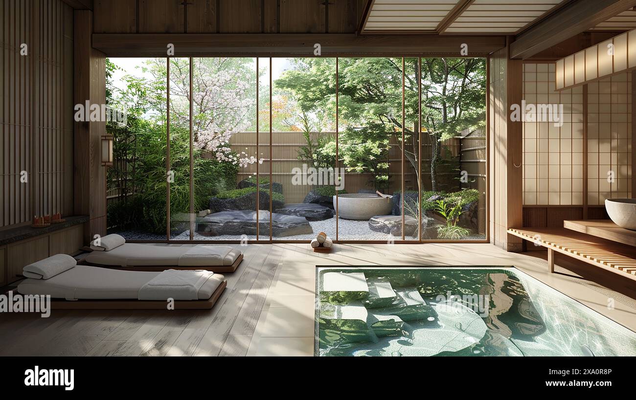 Beautiful tranquil Japanese spa warm bath steam relaxing peaceful Stock ...