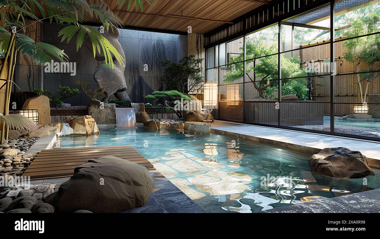 Beautiful tranquil Japanese spa warm bath steam relaxing peaceful Stock ...