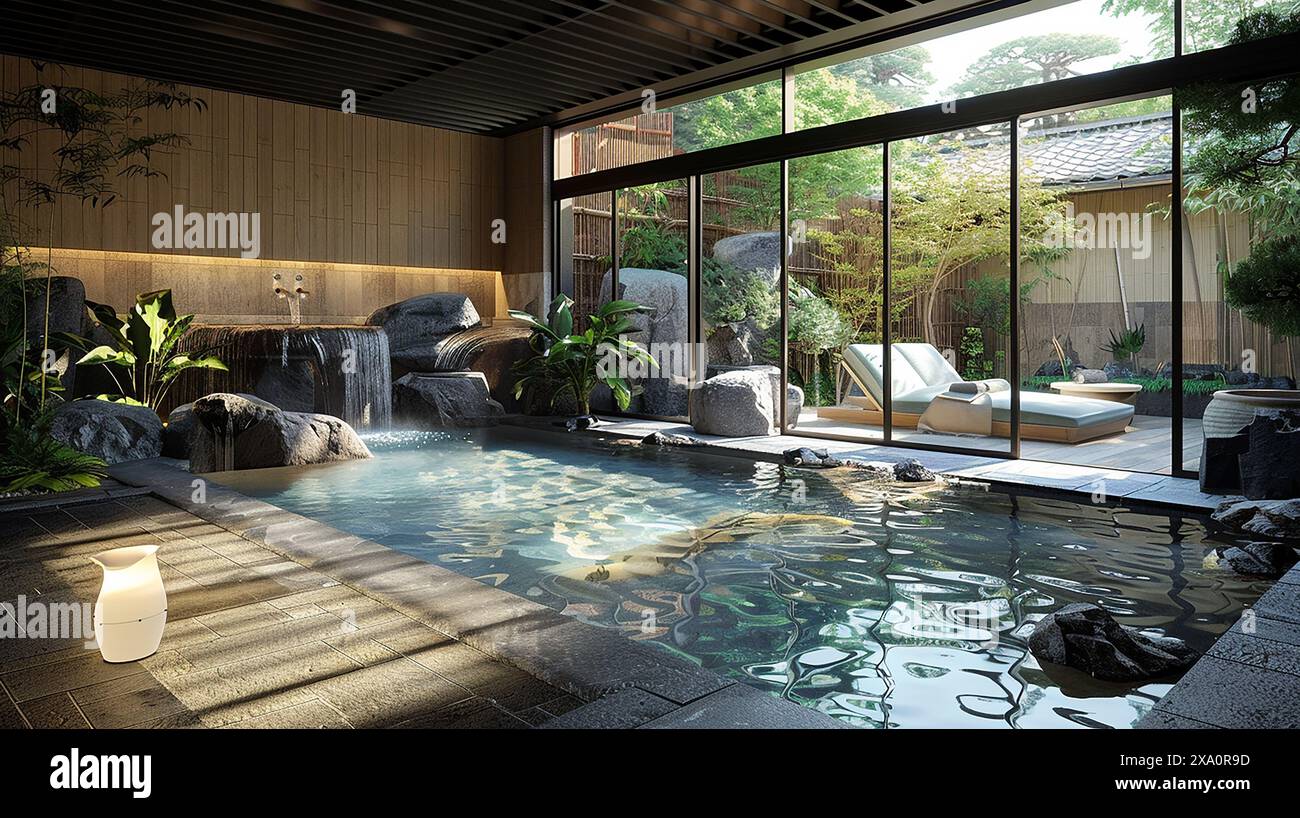 Beautiful tranquil Japanese spa warm bath steam relaxing peaceful Stock ...