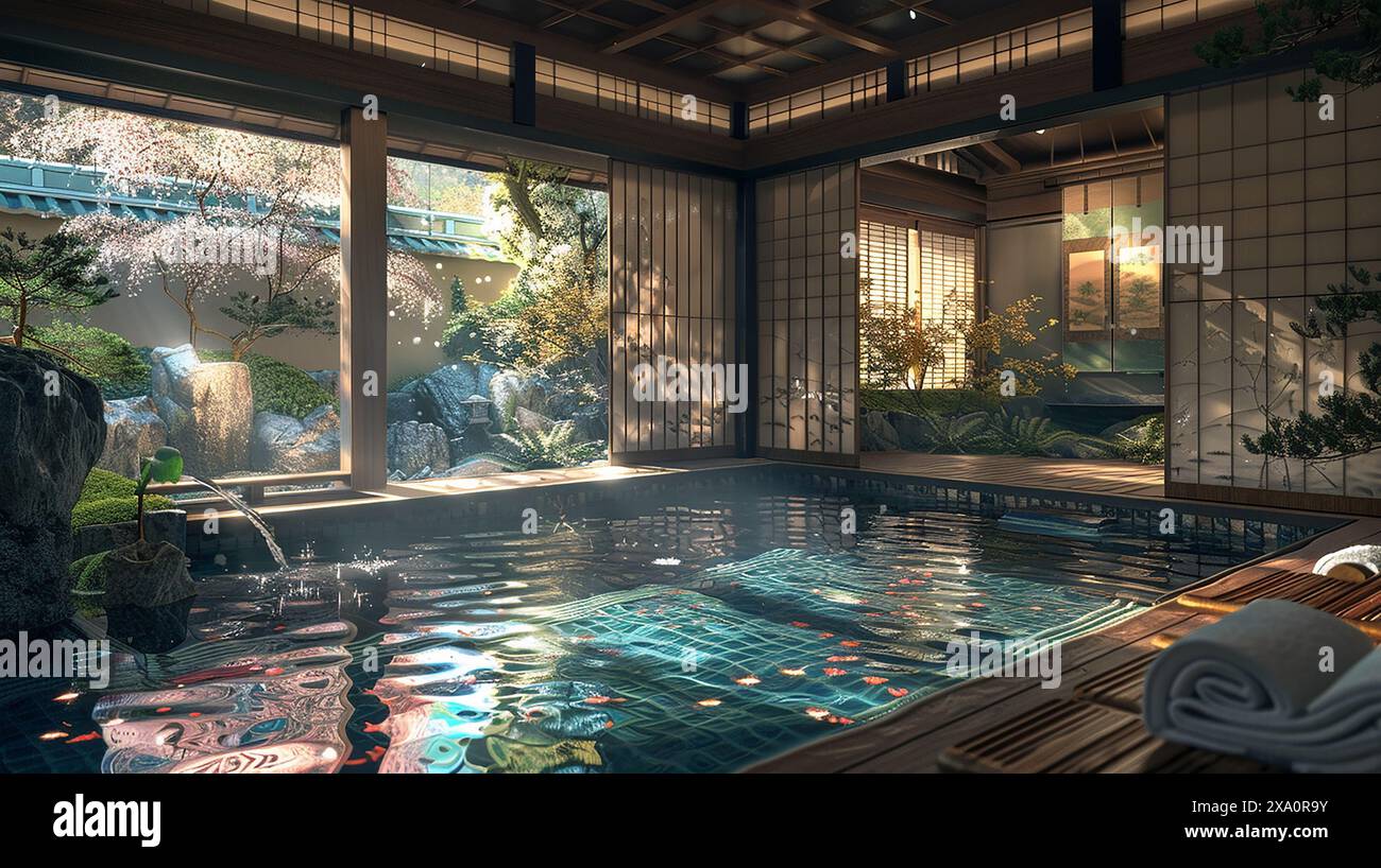 Beautiful tranquil Japanese spa warm bath steam relaxing peaceful Stock ...