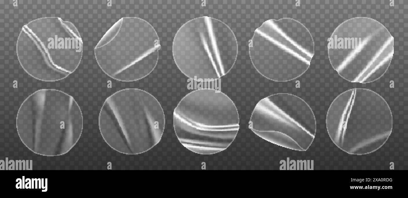 Round transparent patches. Plastic clear pvc seal, shrunken folded ...