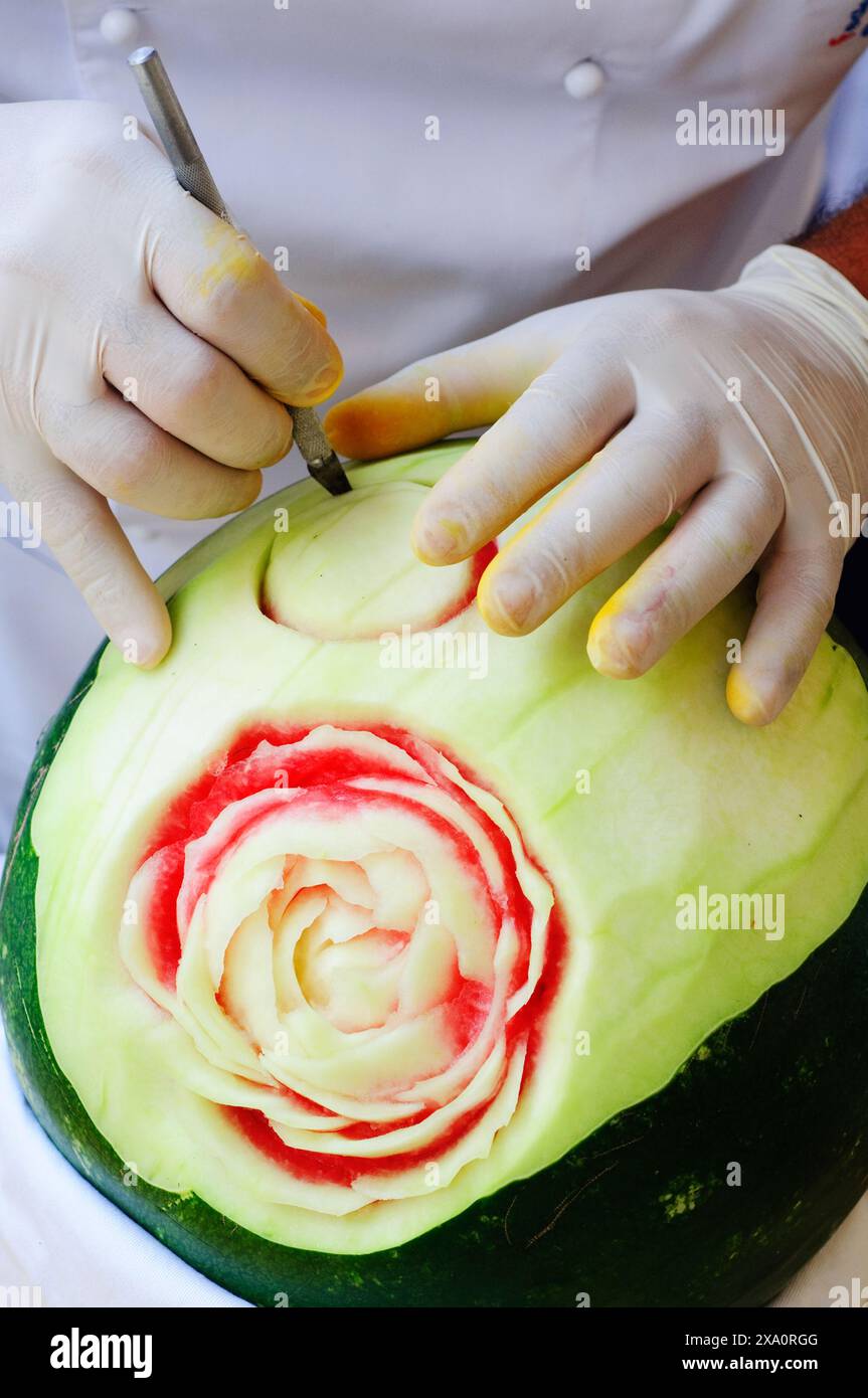Chef Carving Watermelon Stock Photo - Alamy