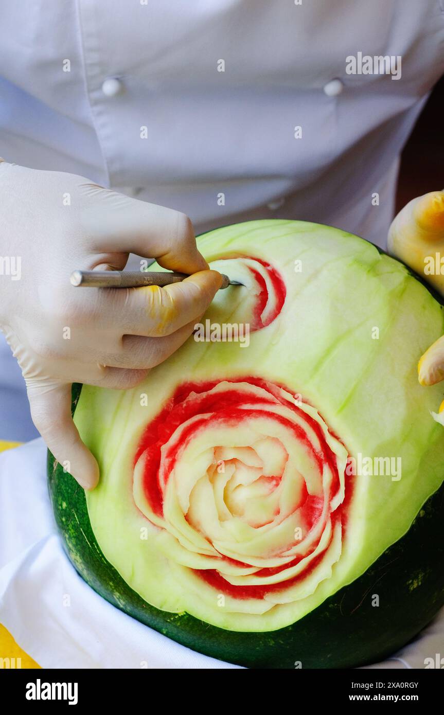 Chef Carving Watermelon Stock Photo - Alamy