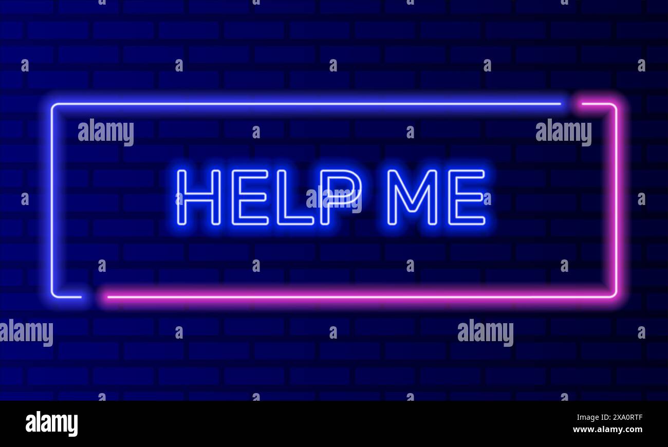 Neon sign help me in speech bubble frame on brick wall background ...