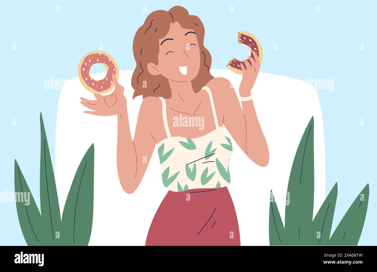 Woman eating donuts. Girl hungry teenager eat sweet doughnut sugar ...