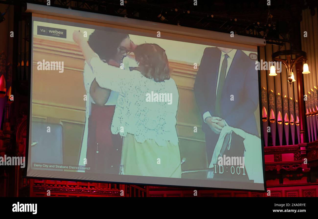 A big screen in the main hall of the Guildhall in Derry City, displays ...