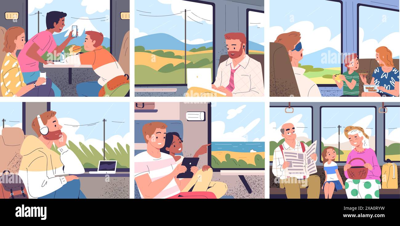 People travel train. Happy tourist couple or friends ride in summer ...