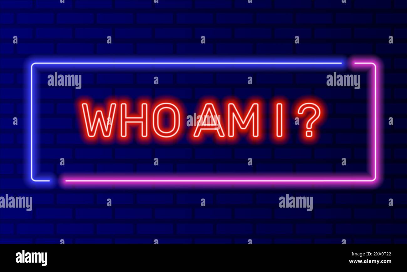 Neon sign who am i in speech bubble frame on brick wall background ...
