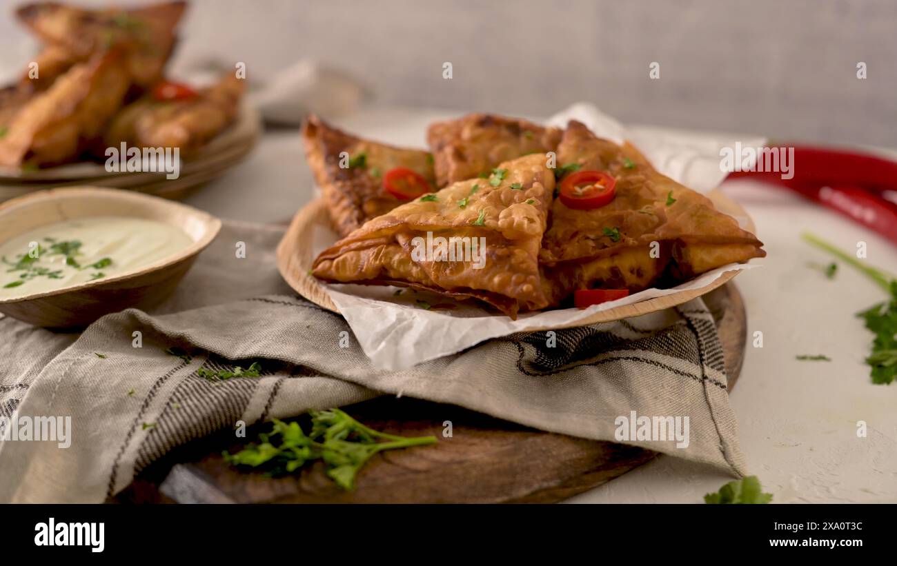 A plate of crispy samosas with a side of sauce Stock Photo - Alamy