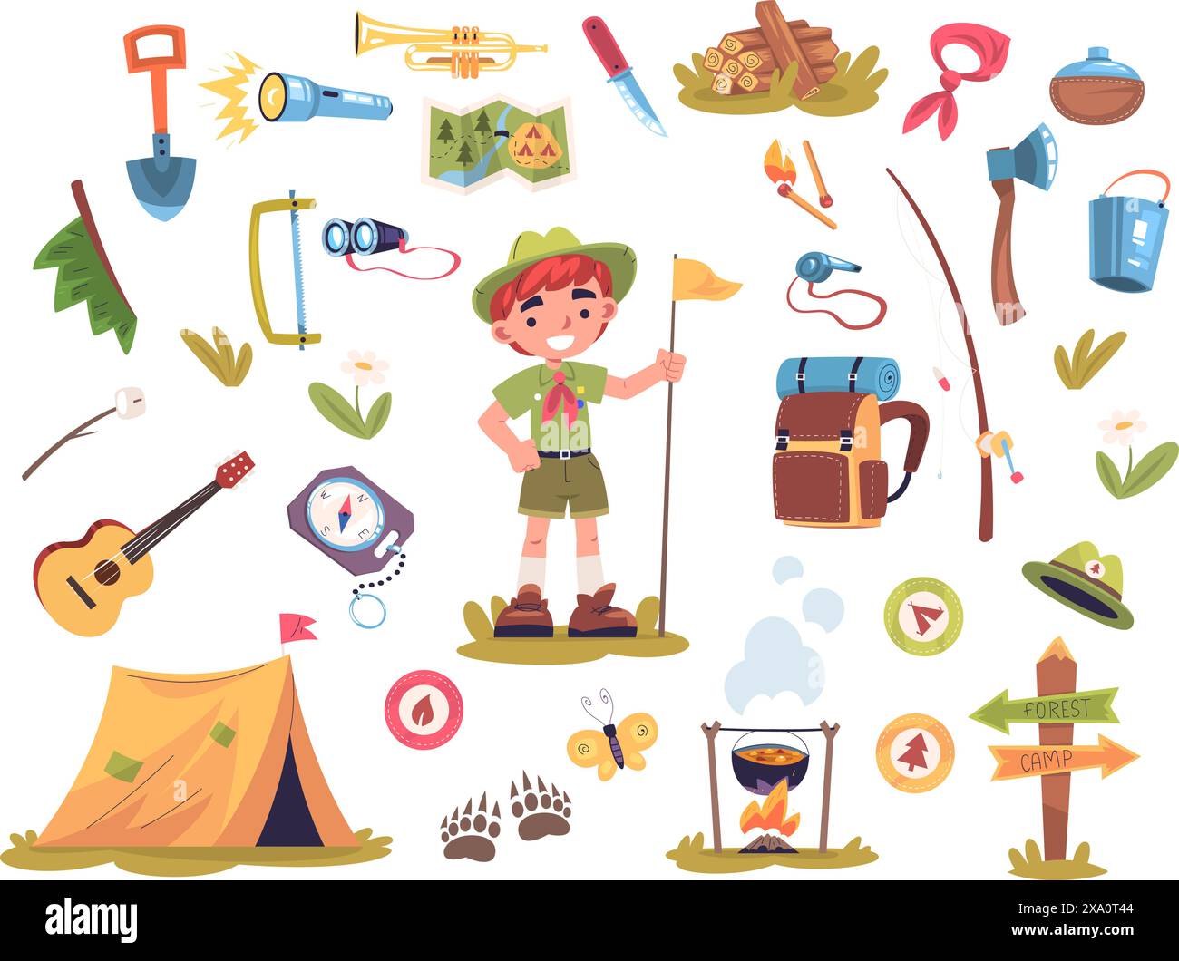 Boy scout equipment. Cartoon boyscout backpacking icons, outdoor ...