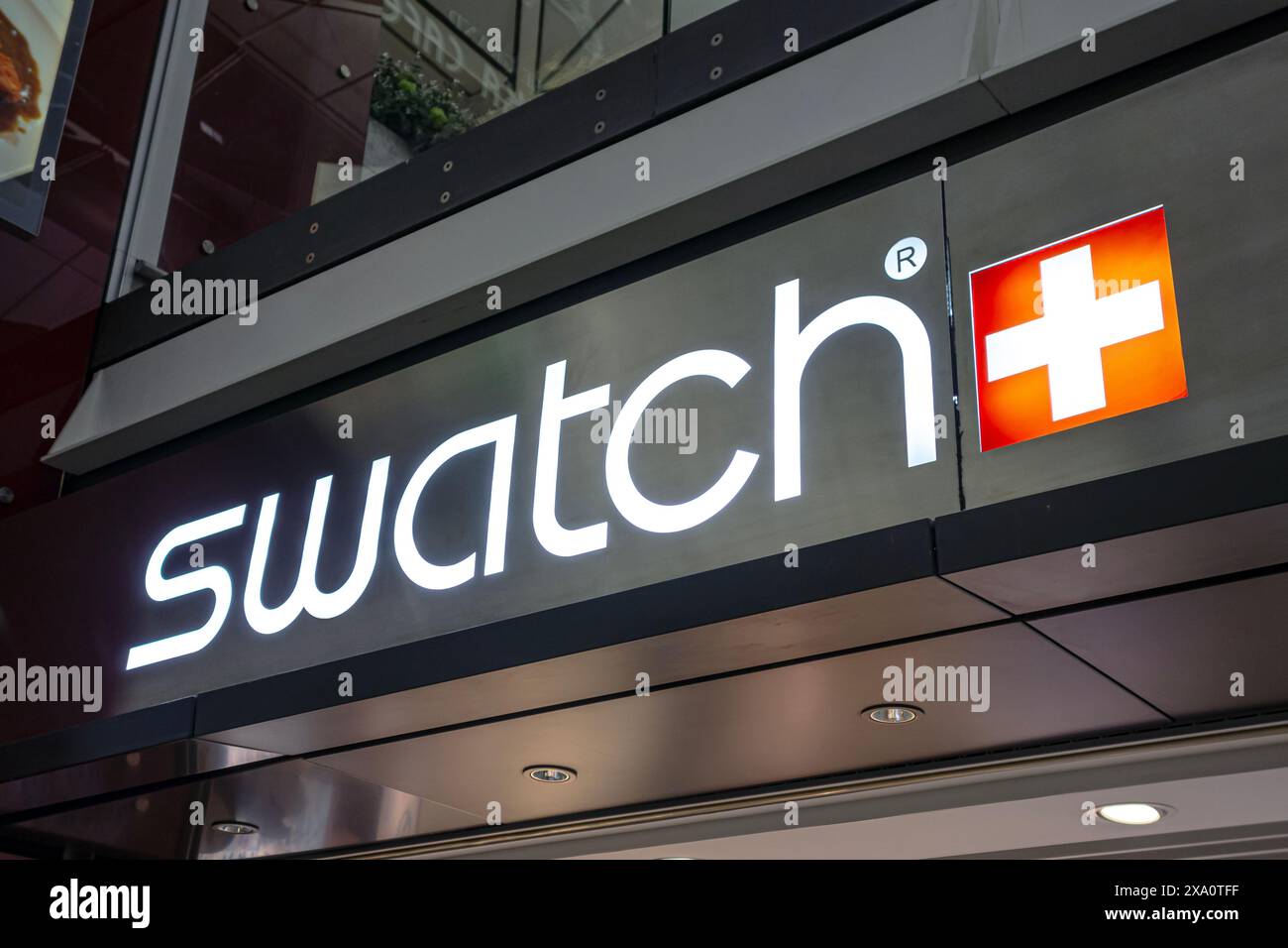 Hong Kong, China - April 8, 2015: Swatch store logo. Swatch is a Swiss ...