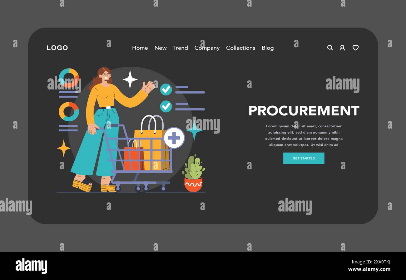 Procurement dark or night mode web, landing. Woman with shopping cart ...