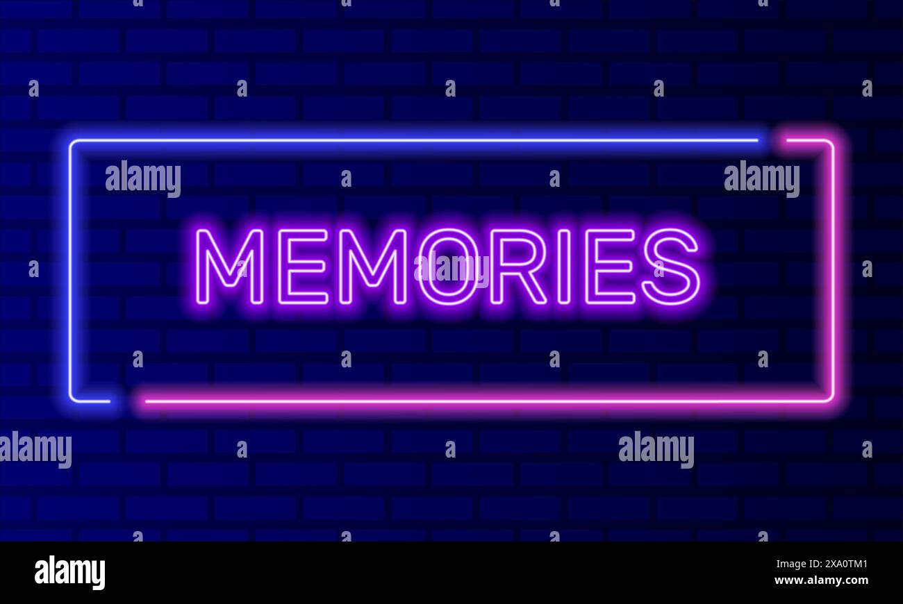 Neon sign memories in speech bubble frame on brick wall background ...