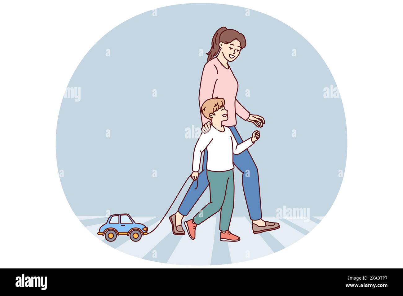 Happy mom and child going along pedestrian crossing across road walking ...