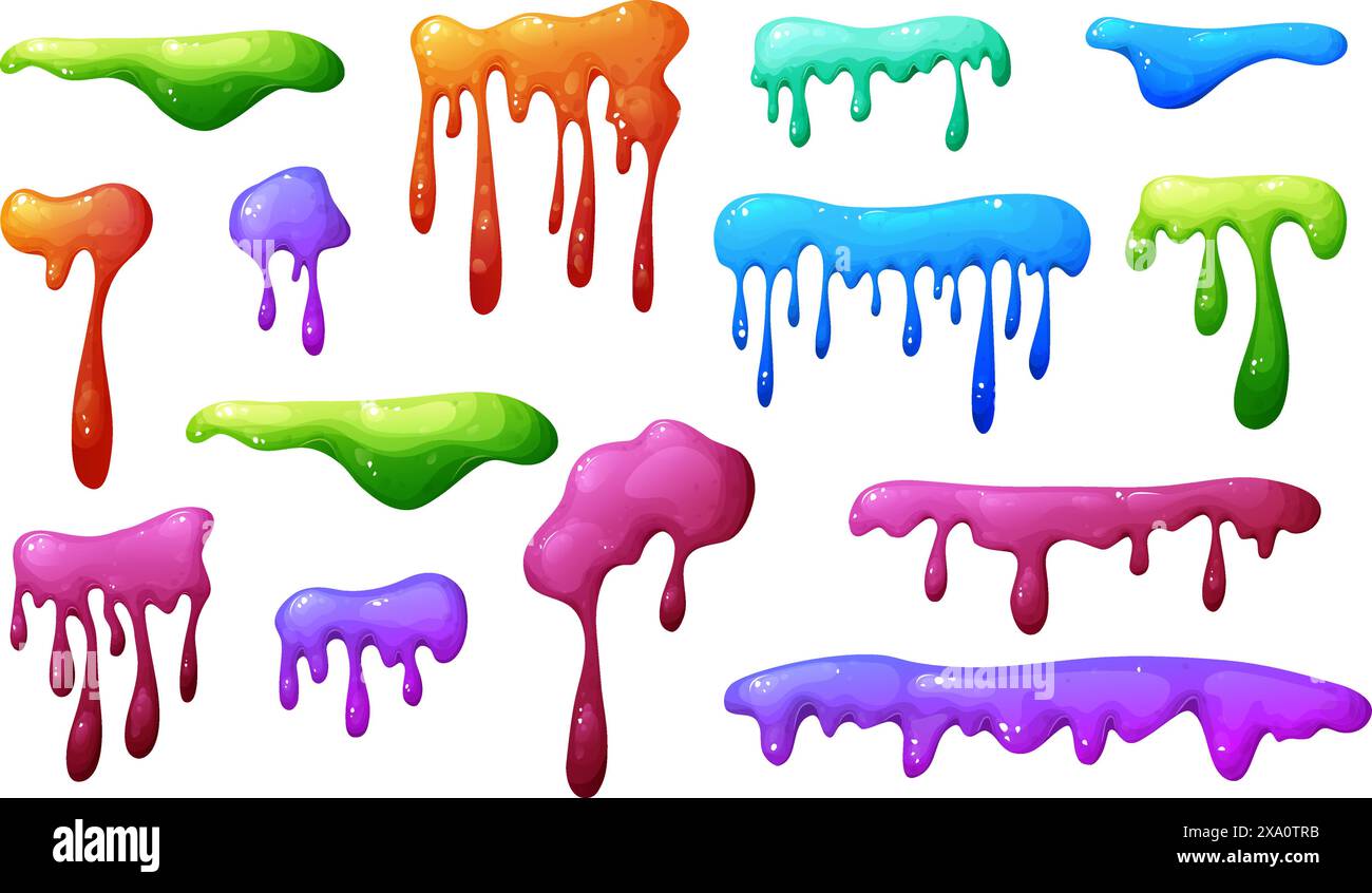 Colorful dripping slime in cartoon. Mucus splashes and liquid drop ...