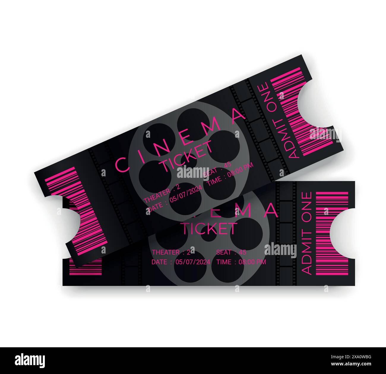Cinema tickets with barcode. Realistic style front view. Design with film reel. Cinema ticket ...
