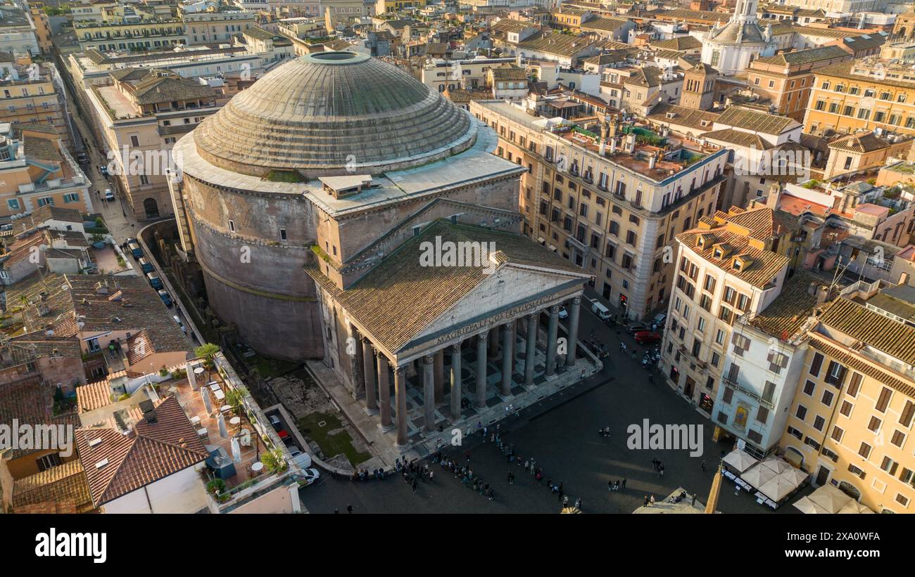 An aerial view of the scenic temple of Pantheon with the beautiful dome ...