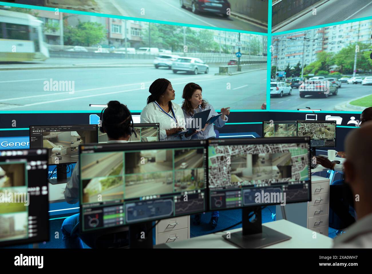 Employees team monitoring urban traffic with radar sensors on a big ...