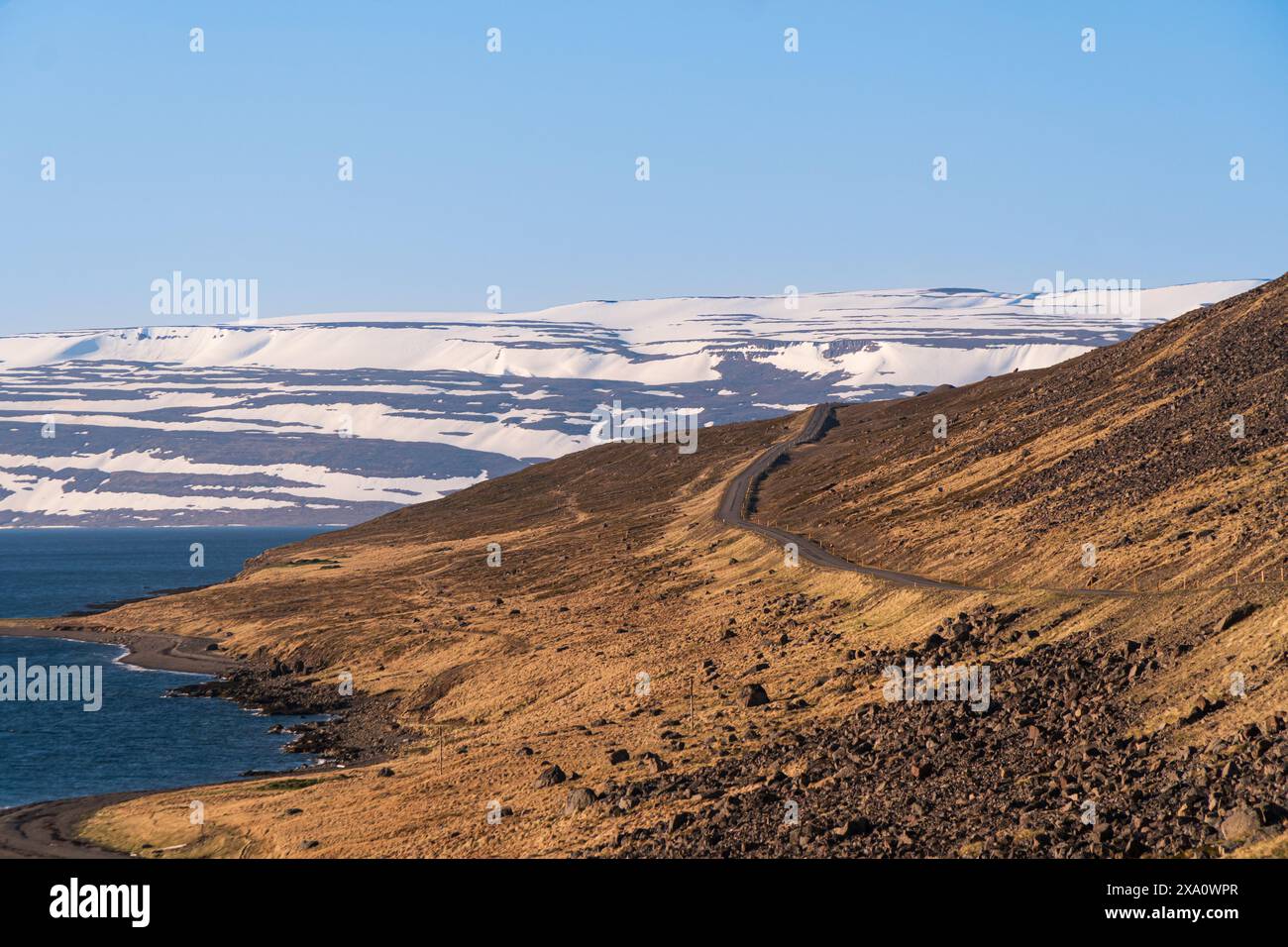 Iceland, Isafjordur route 61, road trip, summer evening, fjords, empty ...