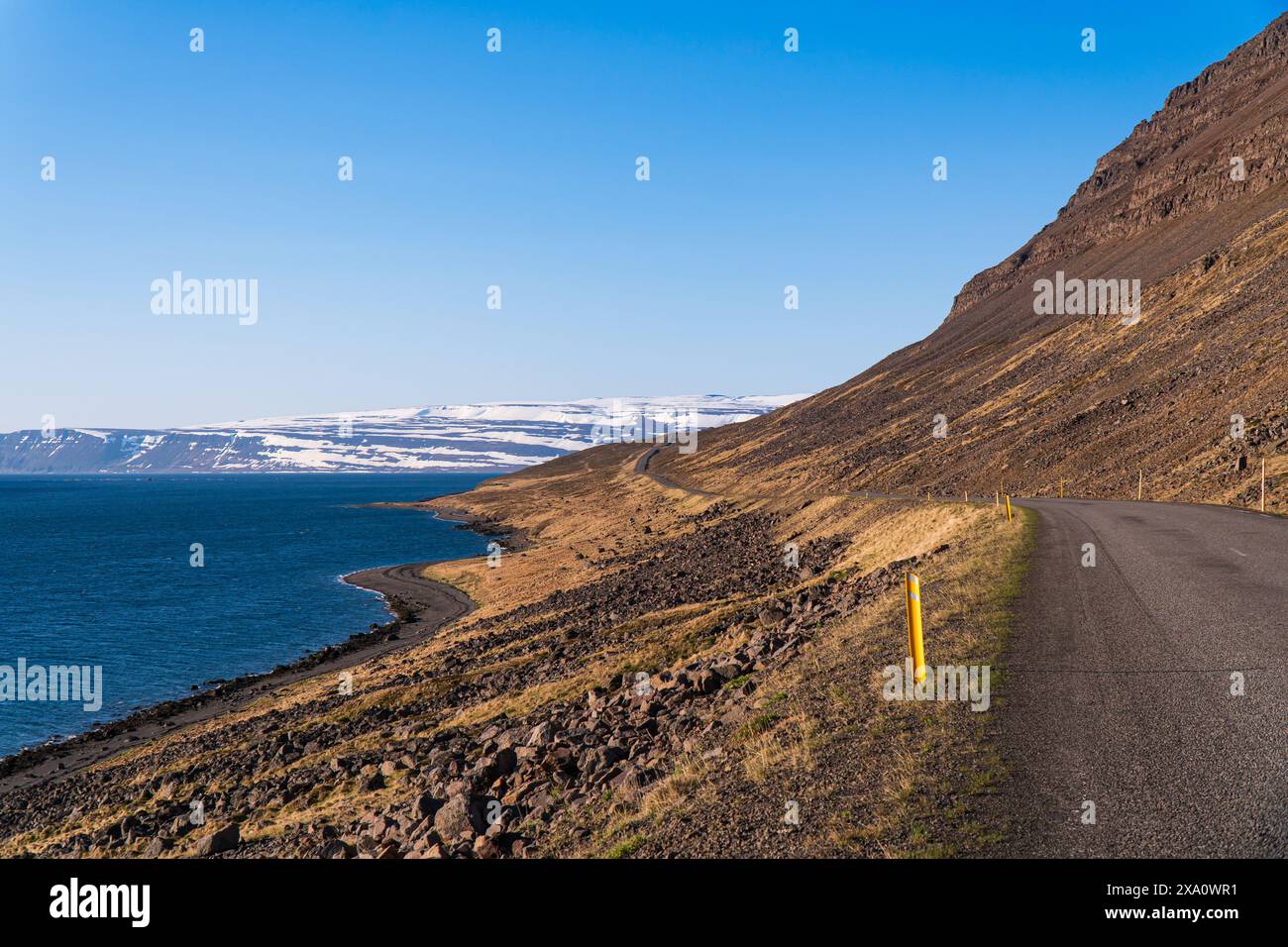 Iceland, Isafjordur route 61, road trip, summer evening, fjords, empty ...