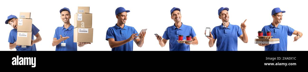 Set of male couriers on white background Stock Photo - Alamy