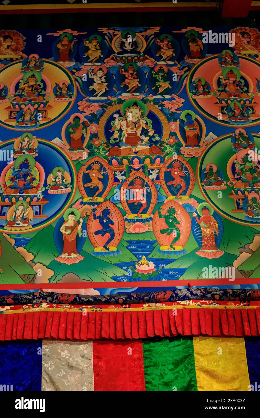 Buddhist temple interior featuring ornate decorations, statues of ...