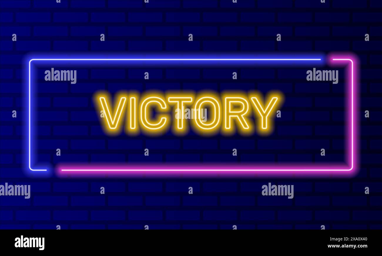 Neon sign victory in speech bubble frame on brick wall background ...