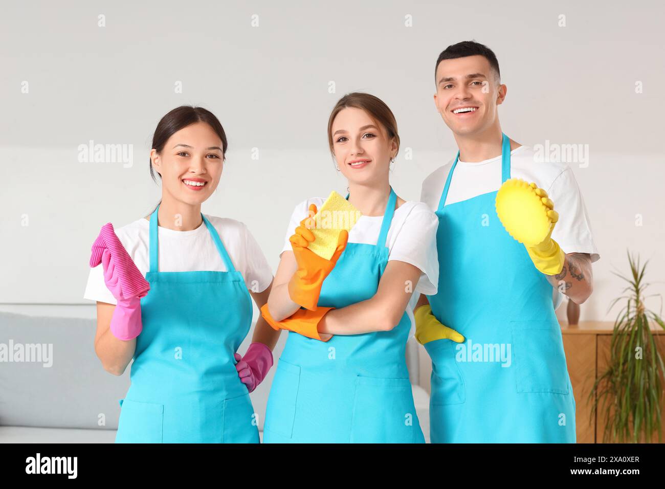 Team of young janitors with cleaning supplies in room Stock Photo - Alamy