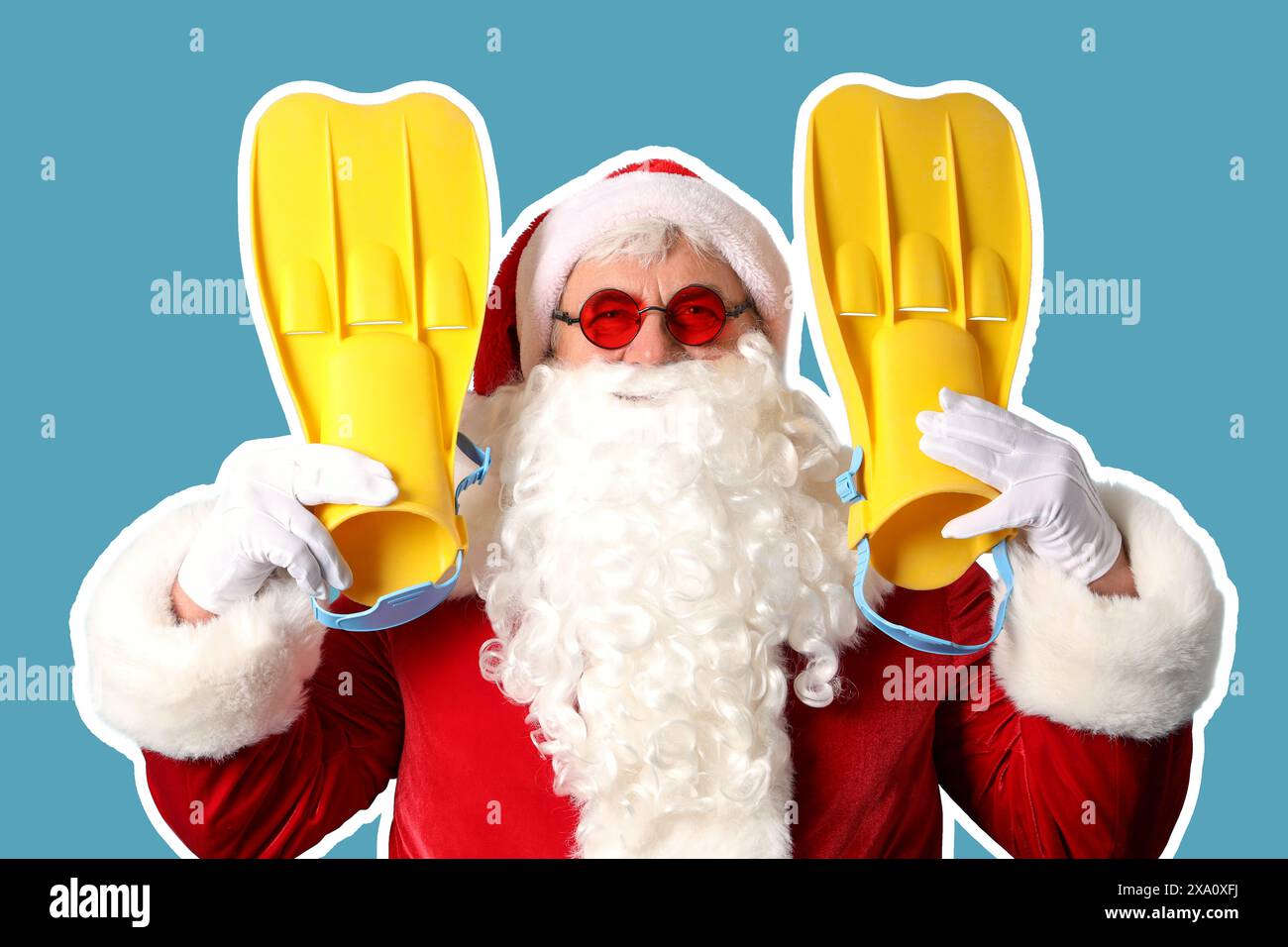 Santa Claus with flippers on light blue background. Christmas in July ...