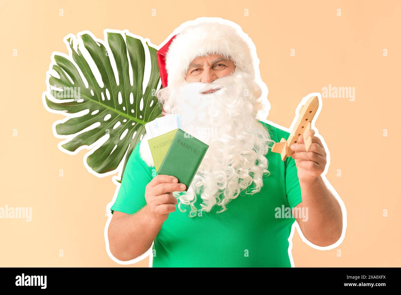 Santa Claus with passport, tickets, tropical leaf and toy airplane on ...
