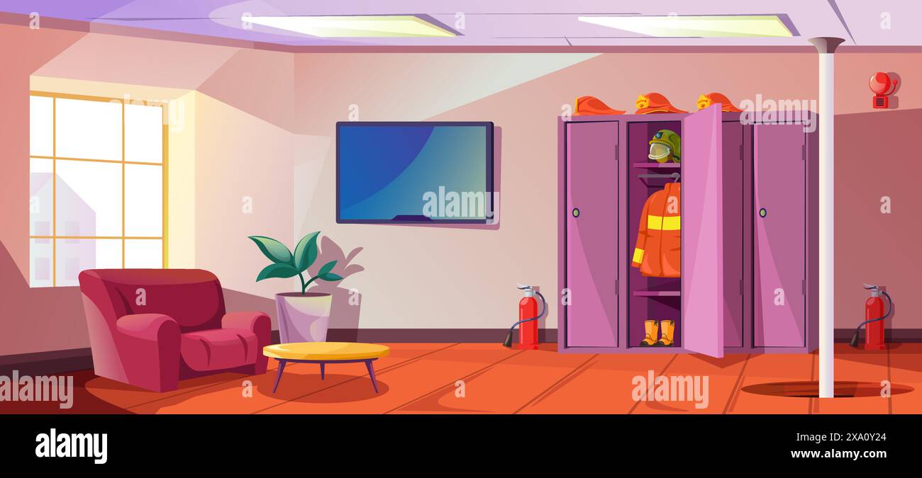 Fire station interior. Cartoon firehouse indoor firefighter station ...
