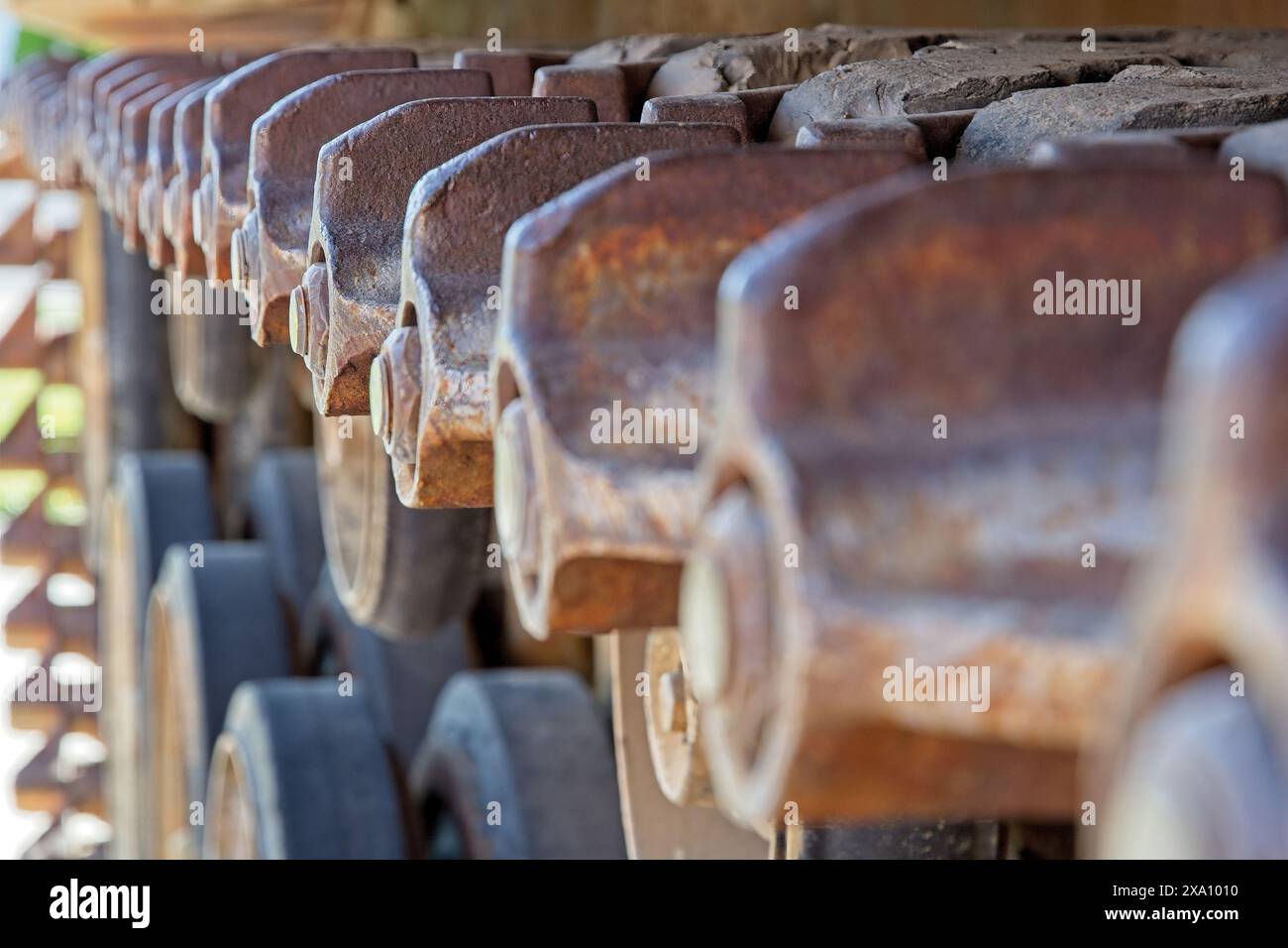 Close-up detail of rusty steel link to continuous track on M2 Duster ...