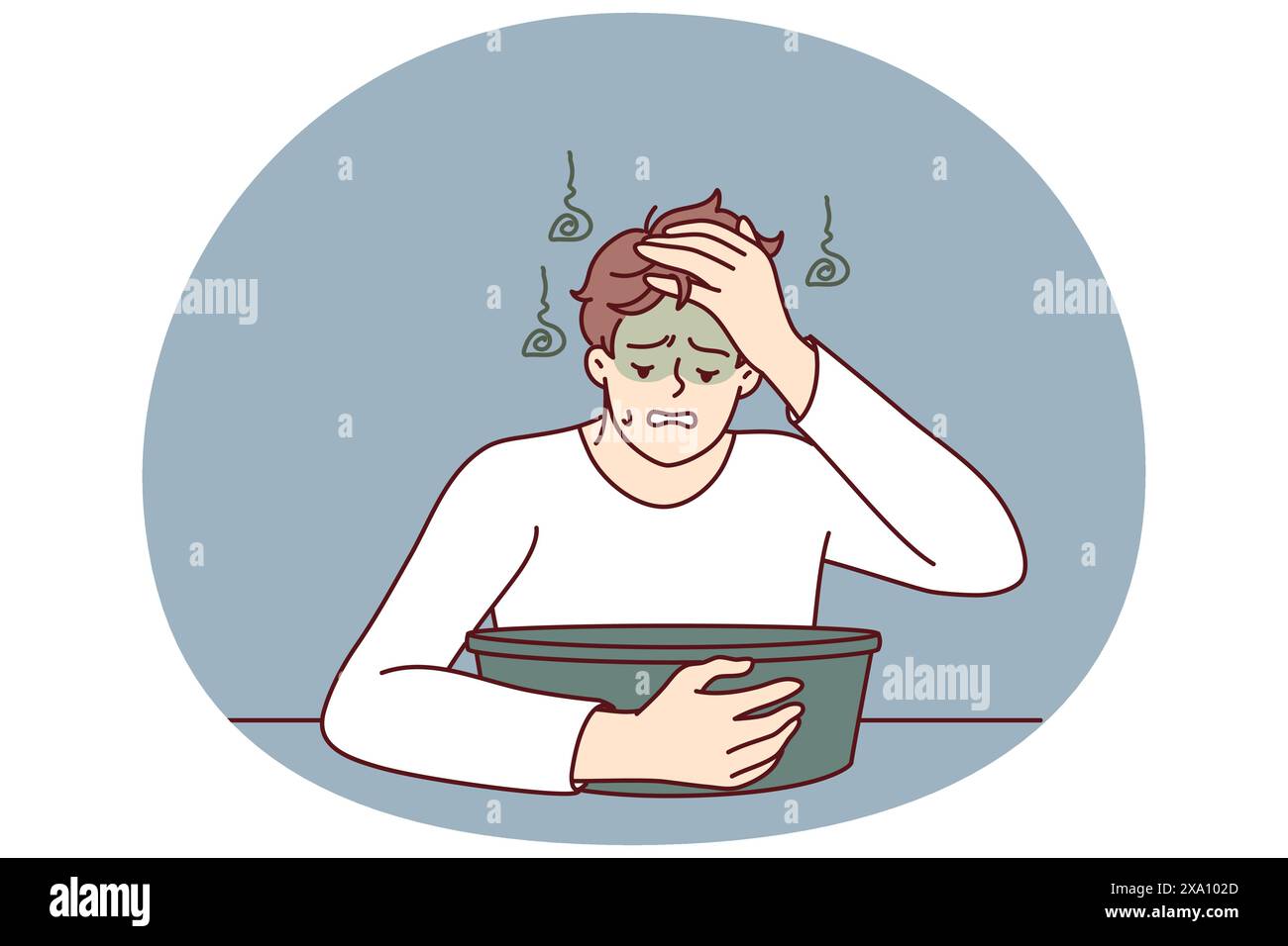 Young man feels nausea sitting near basin experiencing problem after ...