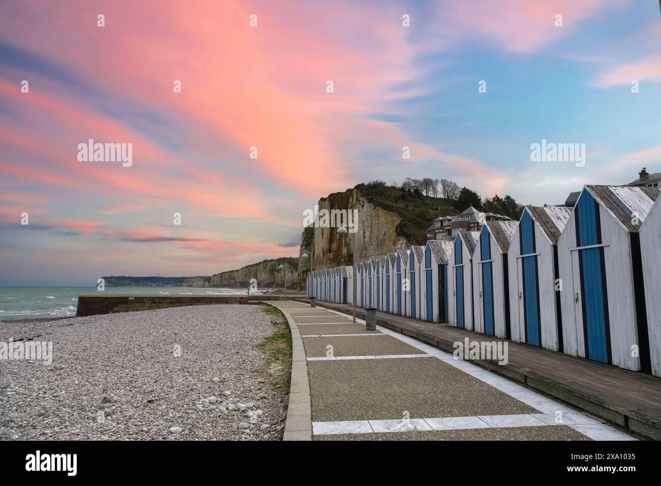 Yport, wooden beach cabins in Normandy, on the pebble beach Stock Photo ...