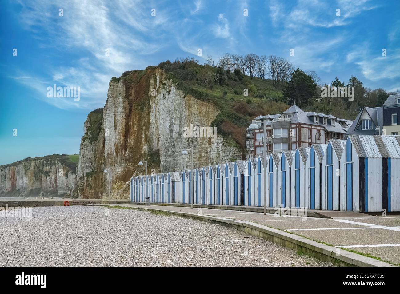 Yport, wooden beach cabins in Normandy, on the pebble beach Stock Photo ...