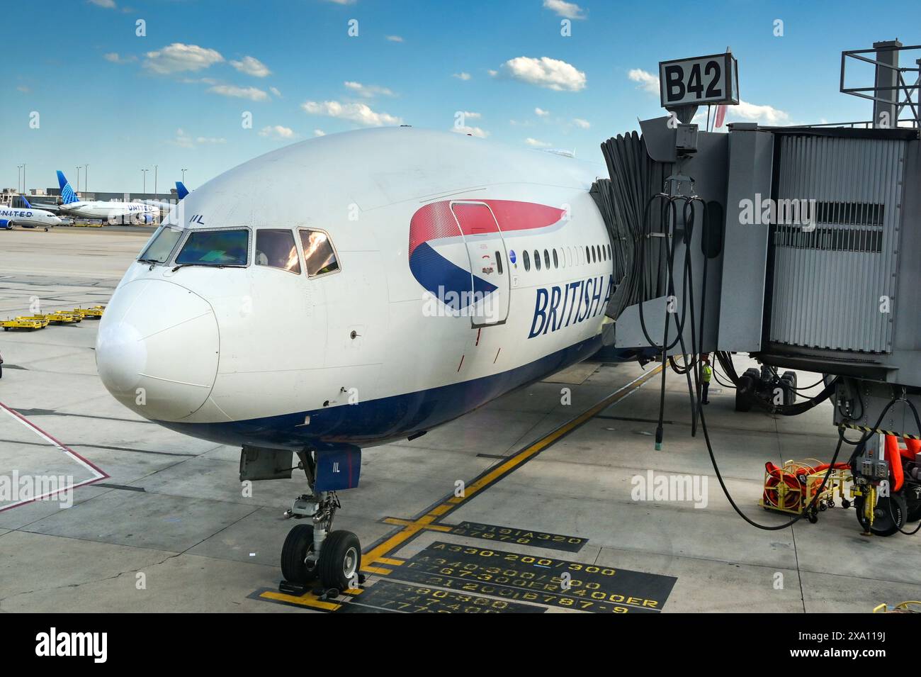 Washington DC, USA - 29 April 2024: Front view of a Boeing 777 ...
