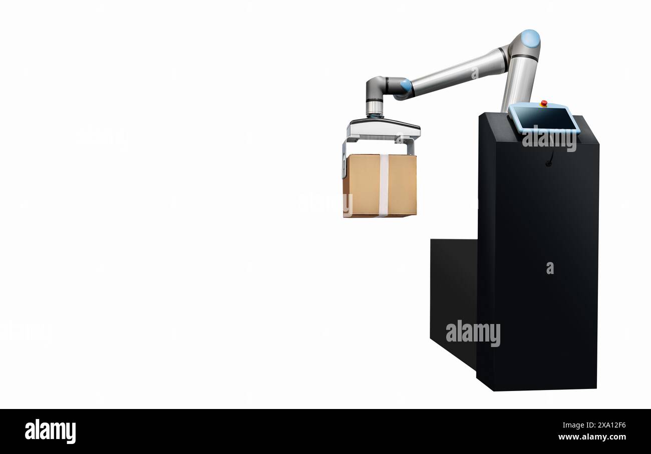 Isolated robotic arm handling cardboard box in warehouse. Robotic workforce Stock Photo - Alamy