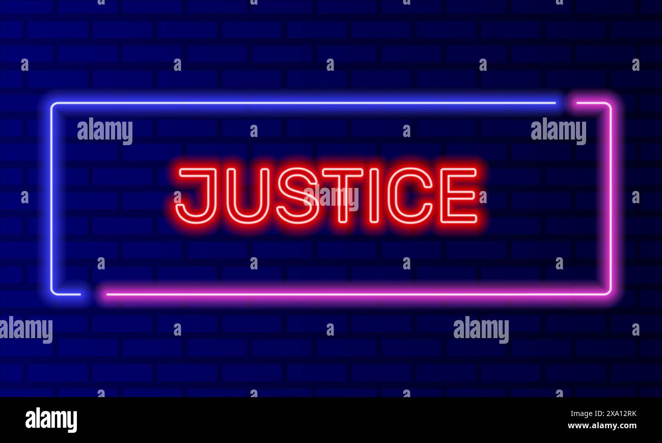 Neon sign justice in speech bubble frame on brick wall background ...