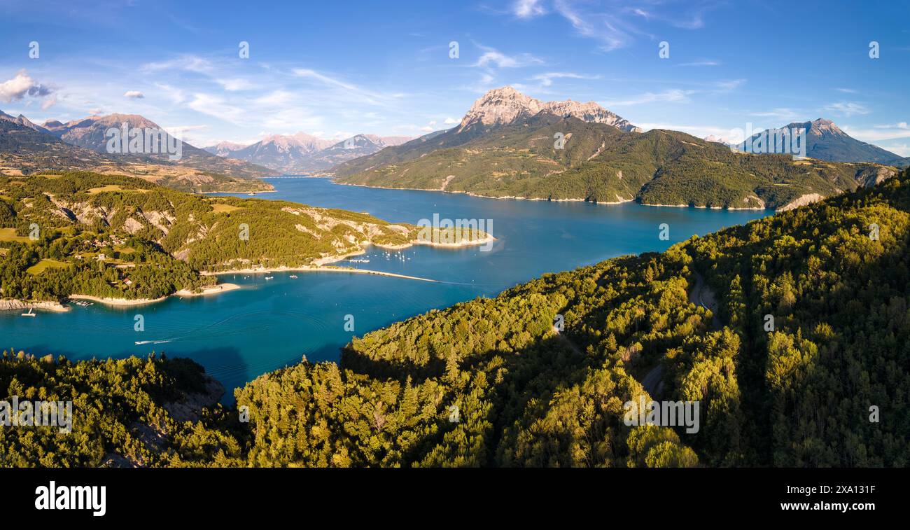 Summer aerial view of Serre-Poncon Lake with Chanteloube Bay and its ...