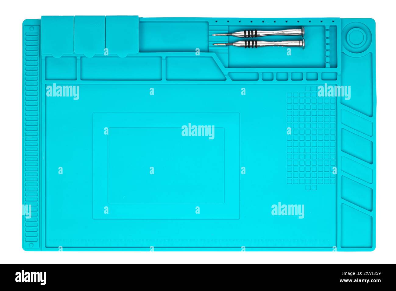 Blue silicone work mat with compartments and two precision screwdrivers ...